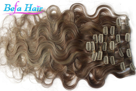 Light Brown / Blonde Free Tangle Clip In Virgin Hair Extensions 12 Inch