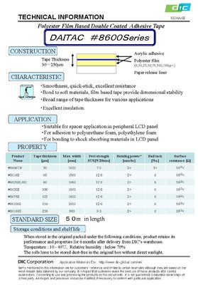 DIC 86100s Polyester Film Based Double Coated Adhesive Tape,DAITAC 86100S series polyester tape supplier