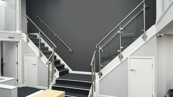 Tempered glass railing with square post for interior staircase glass railing design