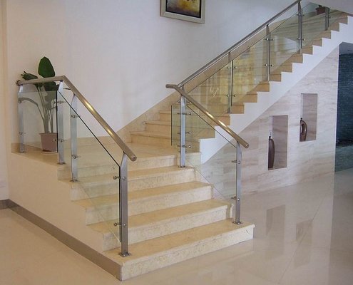 Tempered glass railing with square post for interior staircase glass railing design