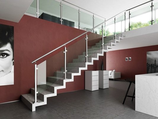 Tempered glass railing with square post for interior staircase glass railing design