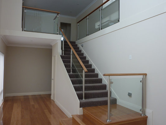 Tempered glass railing with square post for interior staircase glass railing design