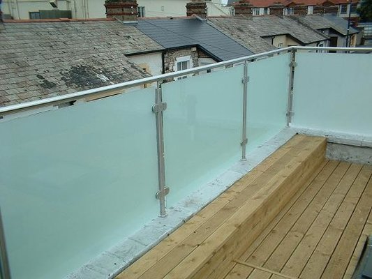 Hot sale frosted glass panel glass balustrade with inox baluster post design