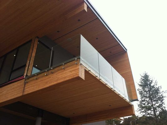 Tempered tinted glass railing with stainless steel standoff / patch fitting railing