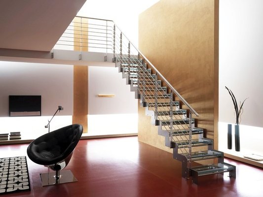 Carbon steel straight staircase with wooden tread modern design