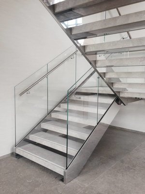 Stainless steel straight staircase with marble tread glass balustrade