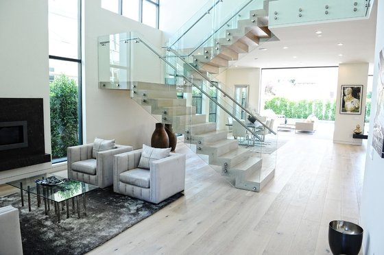 White staircase straight staircase with wooden tread for new house design