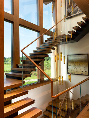 Wooden staircase straight stair with laminated glass railing modern design