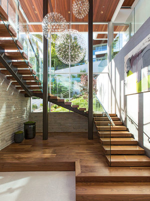 Wooden staircase straight stair with laminated glass railing modern design