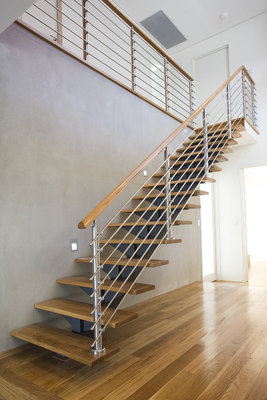 Wooden staircase straight stair with laminated glass railing modern design
