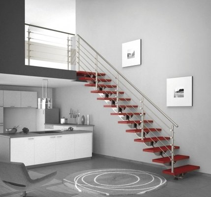 Compound building straight staircase with solid wood tread customized size