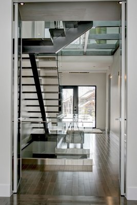 Inside straight staircase wooden stair with glass railing design