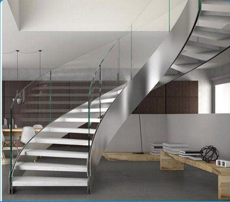 Interior white color curved staircase with glass railing design