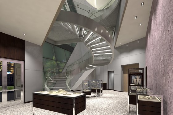 Marble steps stainless steel curved staircase indoor design