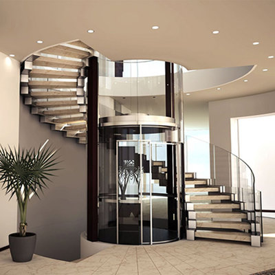 Side-mounted solid wood handrail glass railing prefabricated curved stairs
