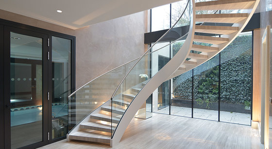 Prefab metal stringer frame glass railing arc curved staircase
