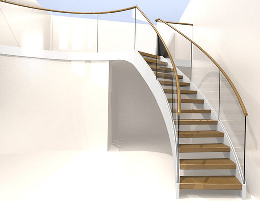 Interior modern glass wood tread curved stair / staircase design