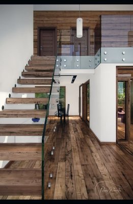 Solid wood floating staircase with glass railing for luxury house design