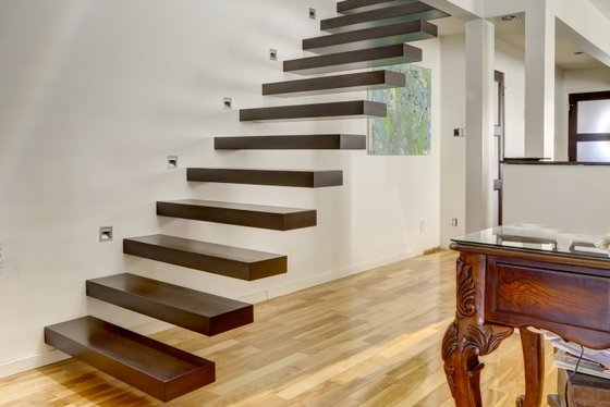 luxury house design wooden floating staircase with glass railing