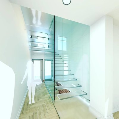 Glass steps floating staircase with glass railing for interior