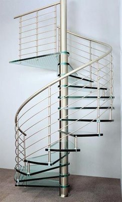 Interior spiral staircase with wooden steps glass railing design