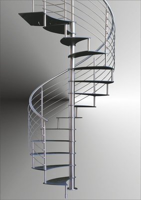 Interior spiral staircase with wooden steps glass railing design