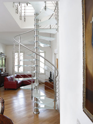 Interior glass spiral staircase with inox steel rod railing design