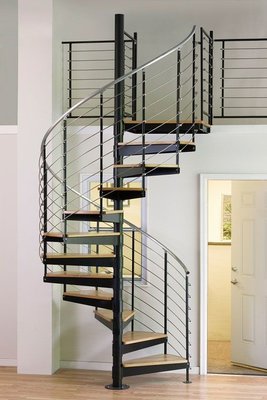 Interior duplex wooden spiral staircase with inox steel rod railing design