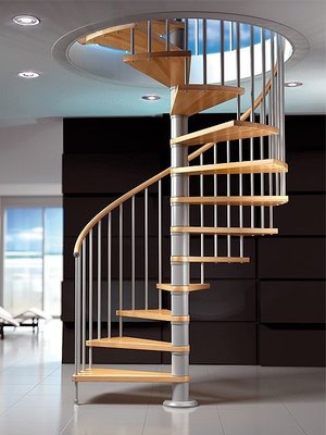 Interior duplex wooden spiral staircase with inox steel rod railing design