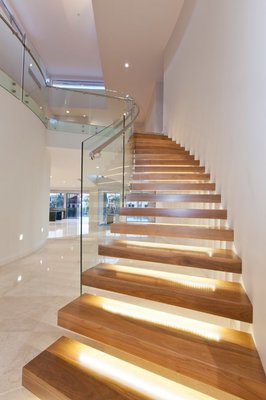 Clear glass railing floating stair with Led light