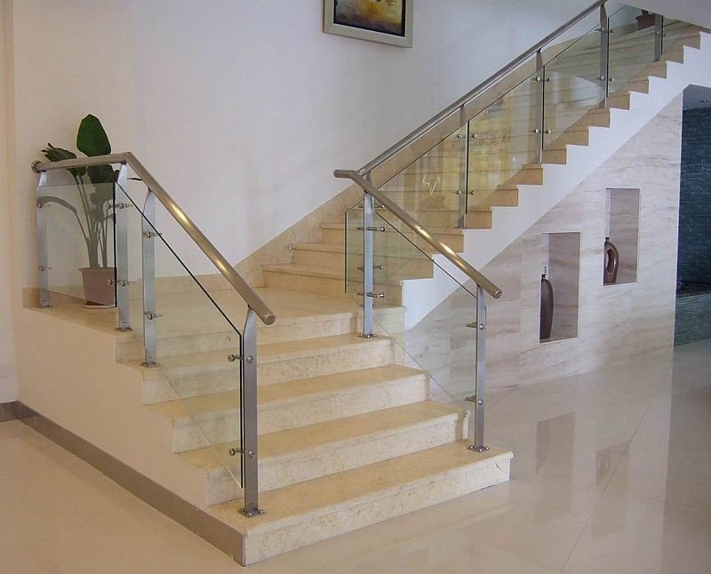 Tempered glass railing with square post for interior staircase glass railing design