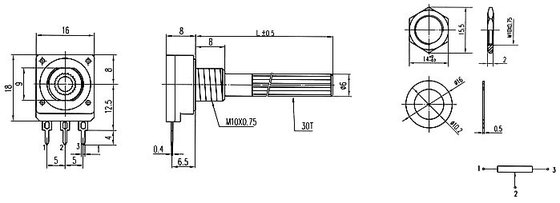 rotary potentiometer, carbon potentiometer, potentiometer with insulated shaft, 16mm potentiometer