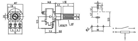 16mm rotary potentiometer, carton potentiometer with metal shaft, potentiometer with switch