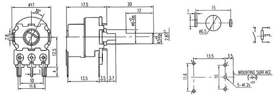 16mm rotary potentiometer, carton potentiometer with metal shaft, potentiometer with switch
