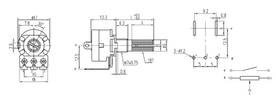 16mm rotary potentiometer, carton potentiometer with metal shaft, potentiometer with switch