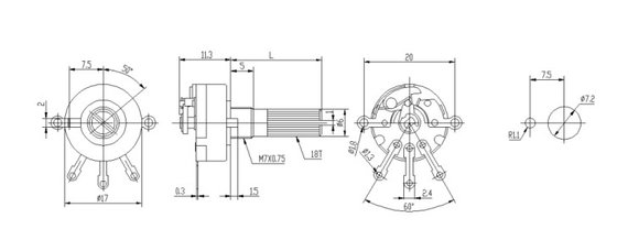 rotary potentiometer, carton potentiometer with metal shaft, potentiometer with switch