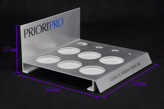White Acrylic Tray Beauty Makeup Display Rack With Silver Surface