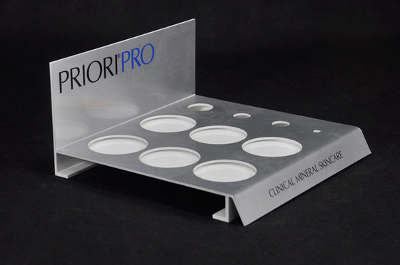 White Acrylic Tray Beauty Makeup Display Rack With Silver Surface
