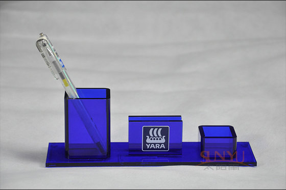 Table Top Brochure Stands Custom Blue Plastic Office Supplies Pen Holder Transparent