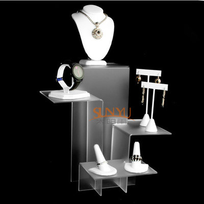Elegant Four Tier White Acrylic Display Stand , Retail Jewellery Display Stands Frost Platform Riser
