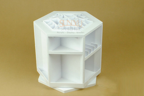 White Acrylic Cosmetic Counter Display Stands PMMA Cylindrical More Compartments