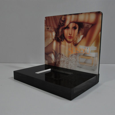 CNC Cutting Perfume Acrylic Counter Display Black With Vivid Sticker