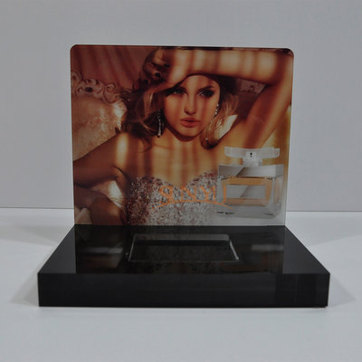 CNC Cutting Perfume Acrylic Counter Display Black With Vivid Sticker