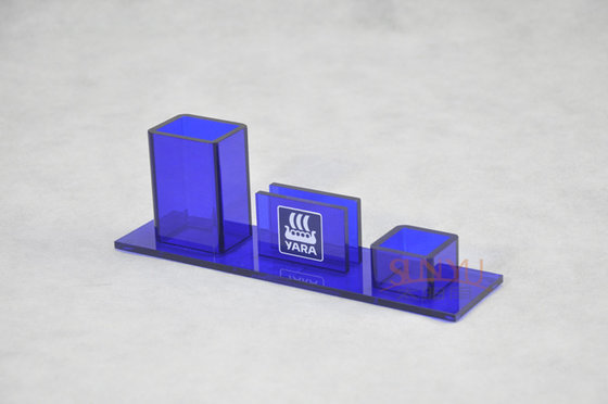 Table Top Brochure Stands Custom Blue Plastic Office Supplies Pen Holder Transparent