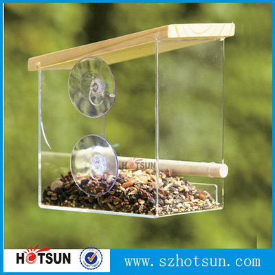 Wholesale acrylic window bird feeder with drain holes, removable tray and water trays ,strong suction cups new