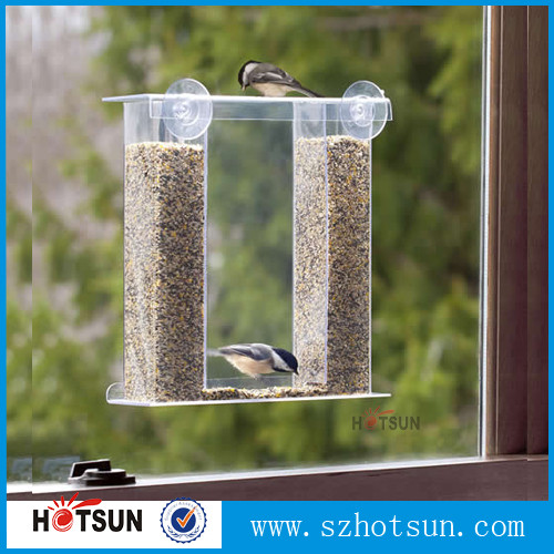 Wholesale acrylic window bird feeder with drain holes, removable tray and water trays ,strong suction cups new
