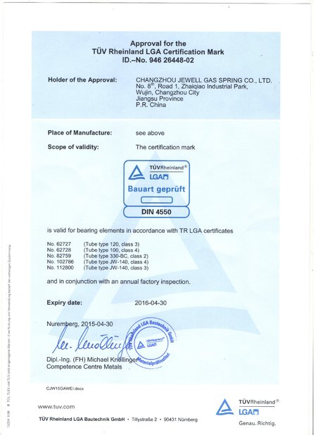 China CHANGZHOU JEWELL GAS SPRING CO., LTD certification