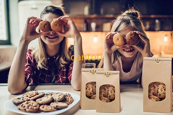 Bakery Bags with Window Brown Tin Tie Tab Lock Bags Kraft Paper Bags for Cookies, Coffee