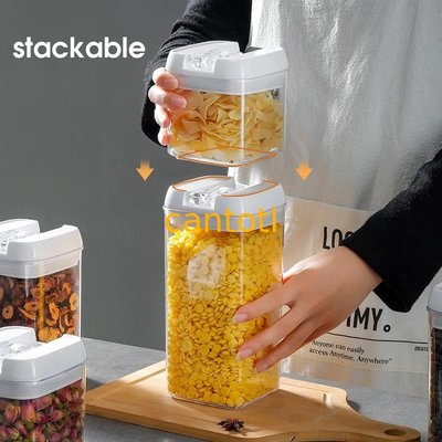 9 Pcs Set Stackable Transparent Pantry Airtight Cereal Dry Food Plastic Storage Containers with White Lid