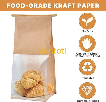 No Odor Thick Brown Bakery Bags with Window Paper Bread Bags Kraft Paper Bags with Window